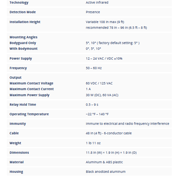 Bodyguard T Overhead Presence Sensor for Pedestrian Automatic Doors